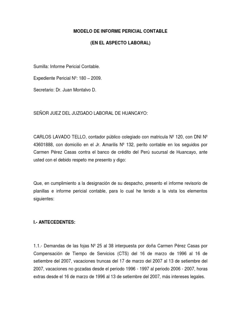 Modelo de Informe Pericial Contable | PDF | Salario | Tiempo de trabajo