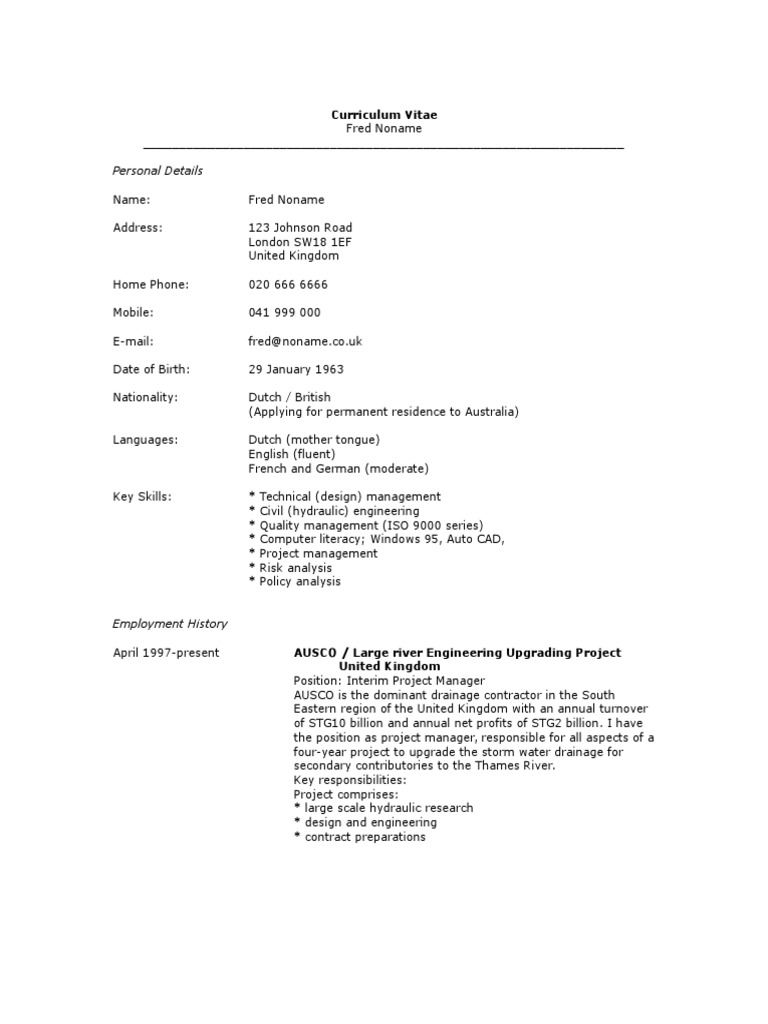 Curriculum Vitae Example Australia | PDF