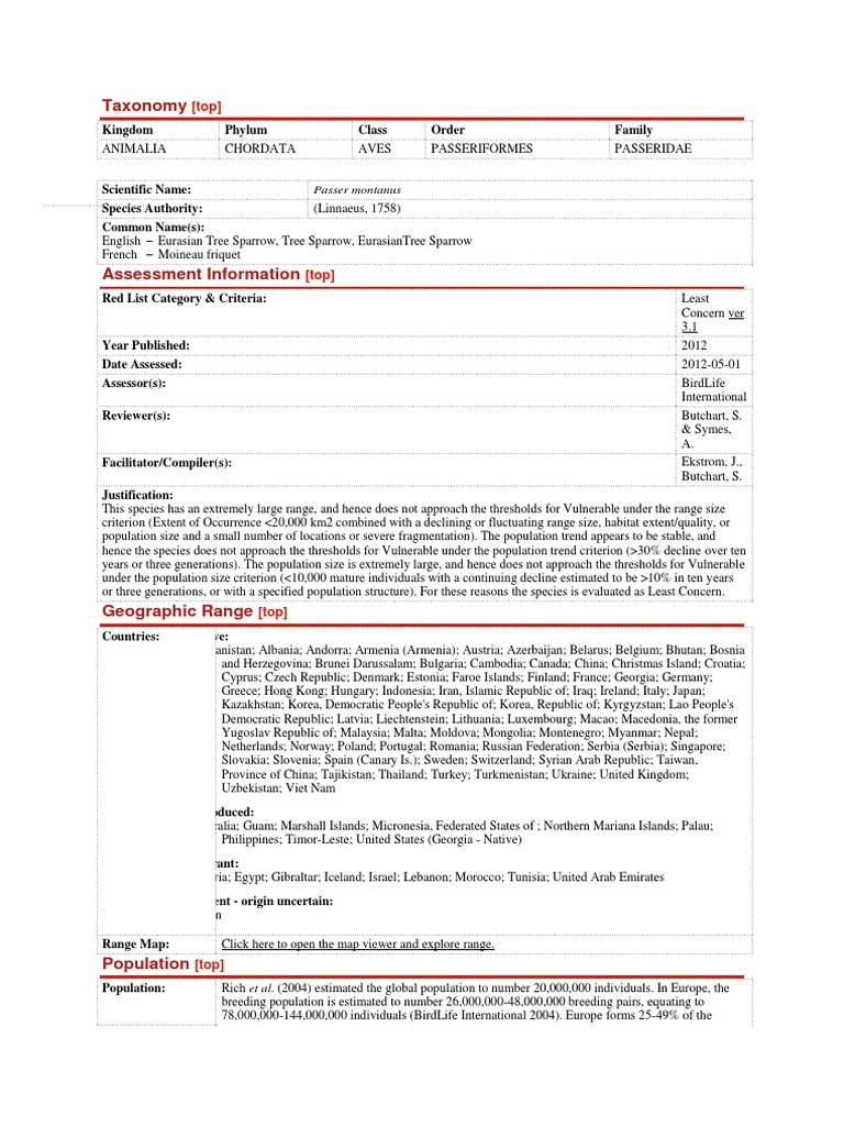 Taxonomy: Passer Montanus | PDF | Conservation | Nature