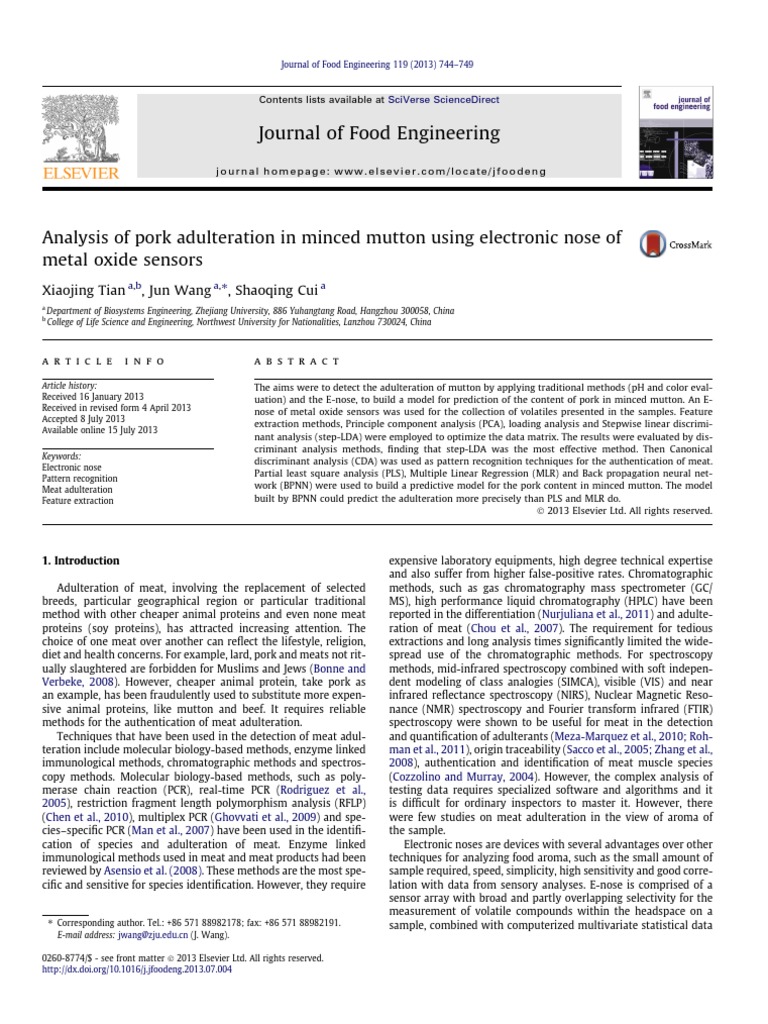 Analysis of Pork Adulteration in Minced Mutton Using Electronic Nose of ...
