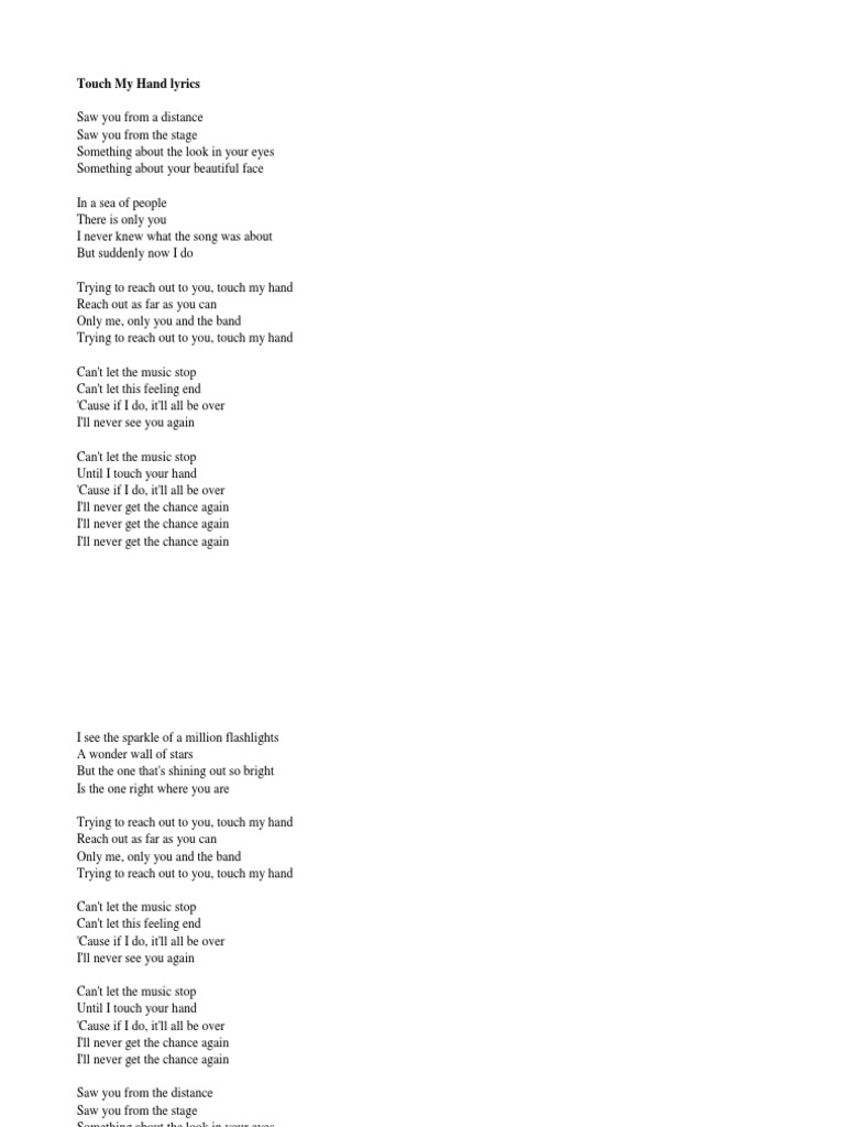 Touch My Hand Lyrics | PDF | Leisure