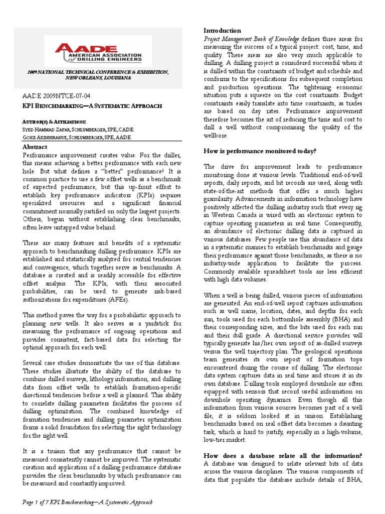 AADE 2009NTCE-07-04 KPI Benchmarking | PDF | Drilling Rig | Standard ...