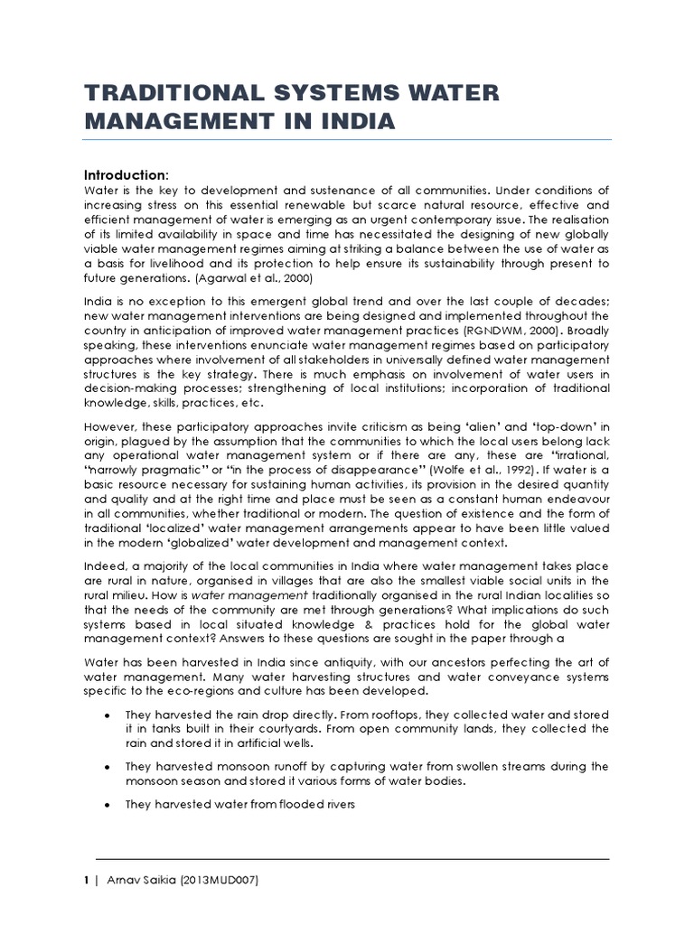 Traditional Systems of Water Management in India - (Arnav-2013MUD007 ...