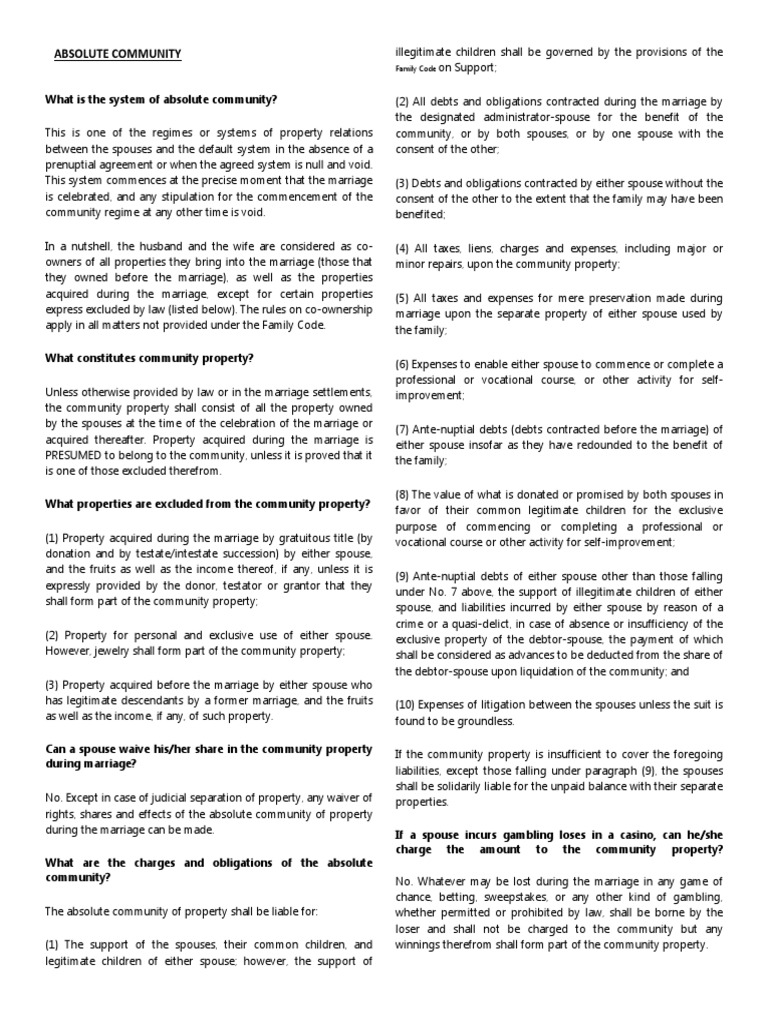 Conjugal Partnership of Gains and Absolute Community | PDF | Community ...