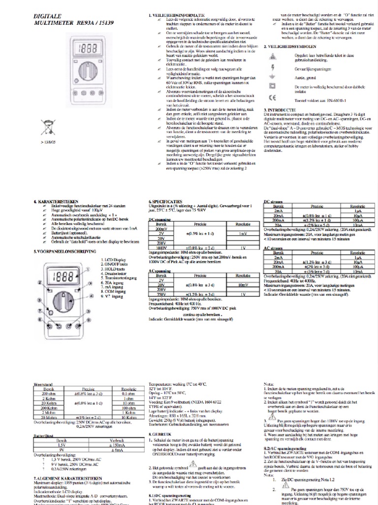 Elix RE93A Multimeter Dutch Manual | PDF