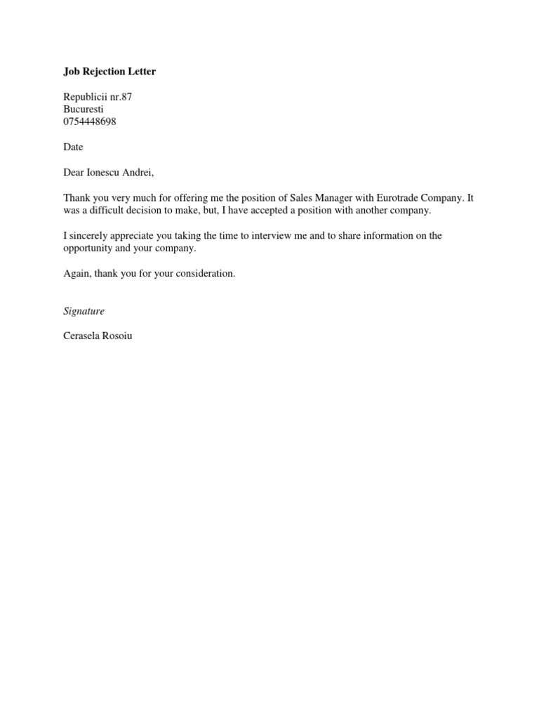 Job Rejection: Sales Manager Position | PDF