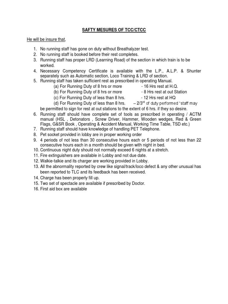 TCC/CTCC Safety Measures for Running Staff | PDF