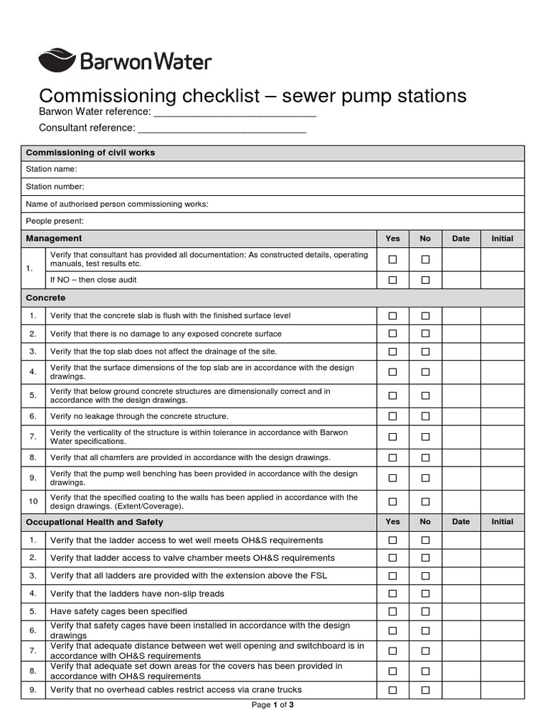 Sewer Pump Station Commissioning Checklist | PDF | Pipe (Fluid ...