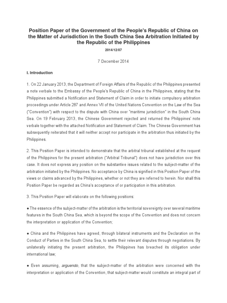 China's Position Paper On PH-initiated Arbitration Case Over South ...