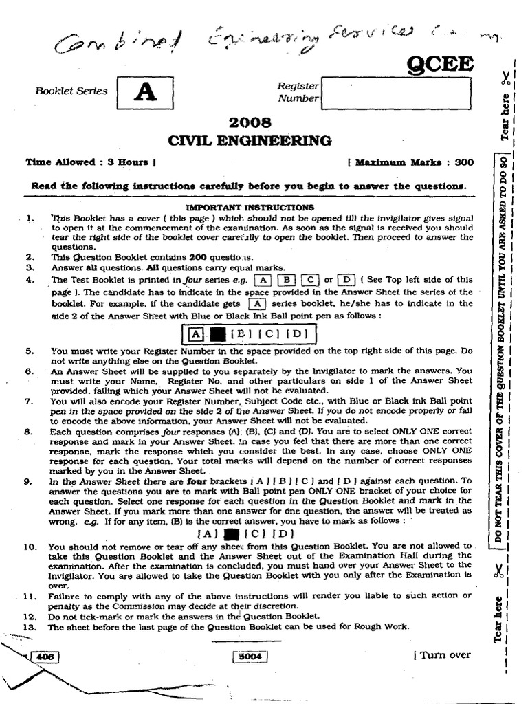 QCEE Civil Engineering Past Exam Paper 2008 | PDF