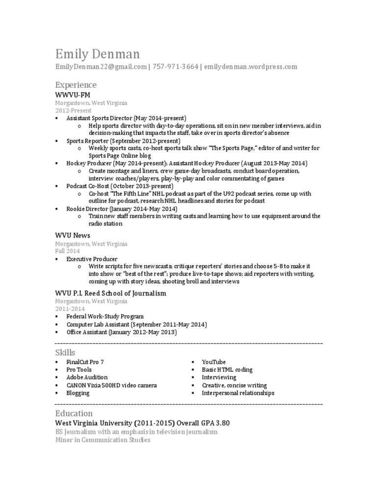 Emily Denman Resume (Dec. 2014) | PDF | Sports & Recreation
