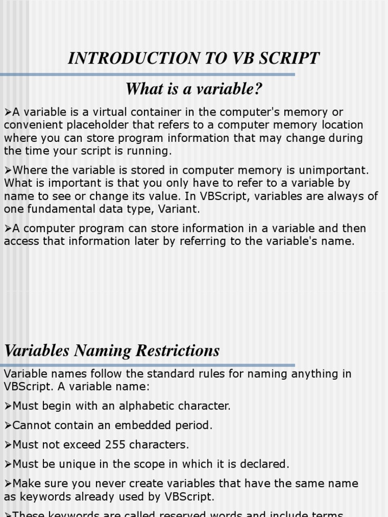 Introduction To Vb Script What Is A Variable Pdf Array Data Type Array Data Structure 4814