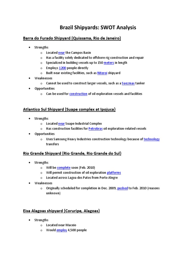 Brasil Shipyards SWOT Analysis | PDF | Business | Technology & Engineering