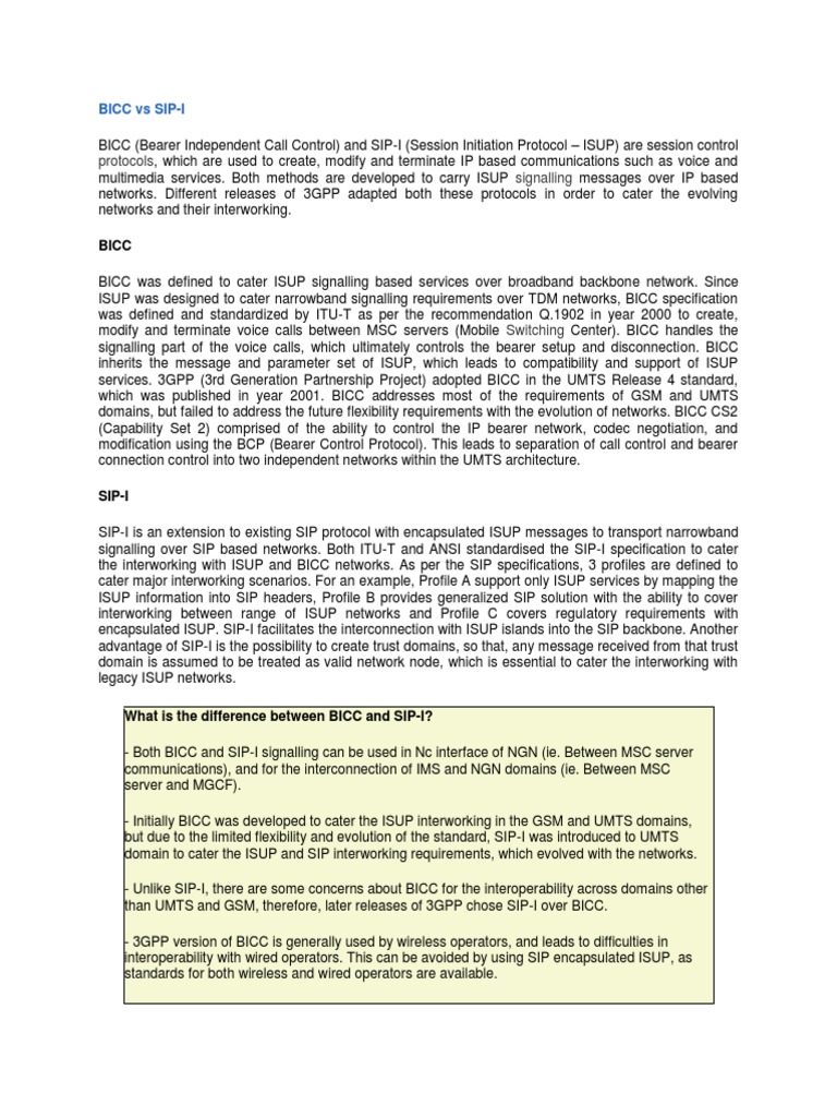 Compare BICC Vs SIP | PDF | Session Initiation Protocol | 3 Gpp