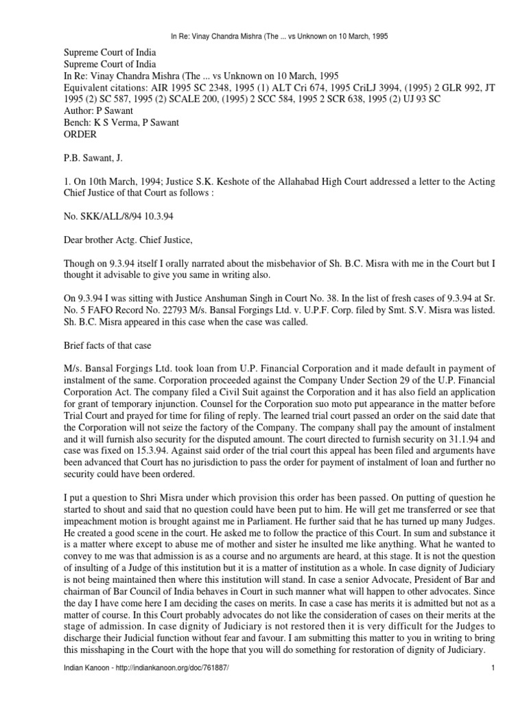 In Re - Vinay Chandra Mishra (The ... Vs Unknown On 10 March, 1995 | PDF | Supreme Courts ...