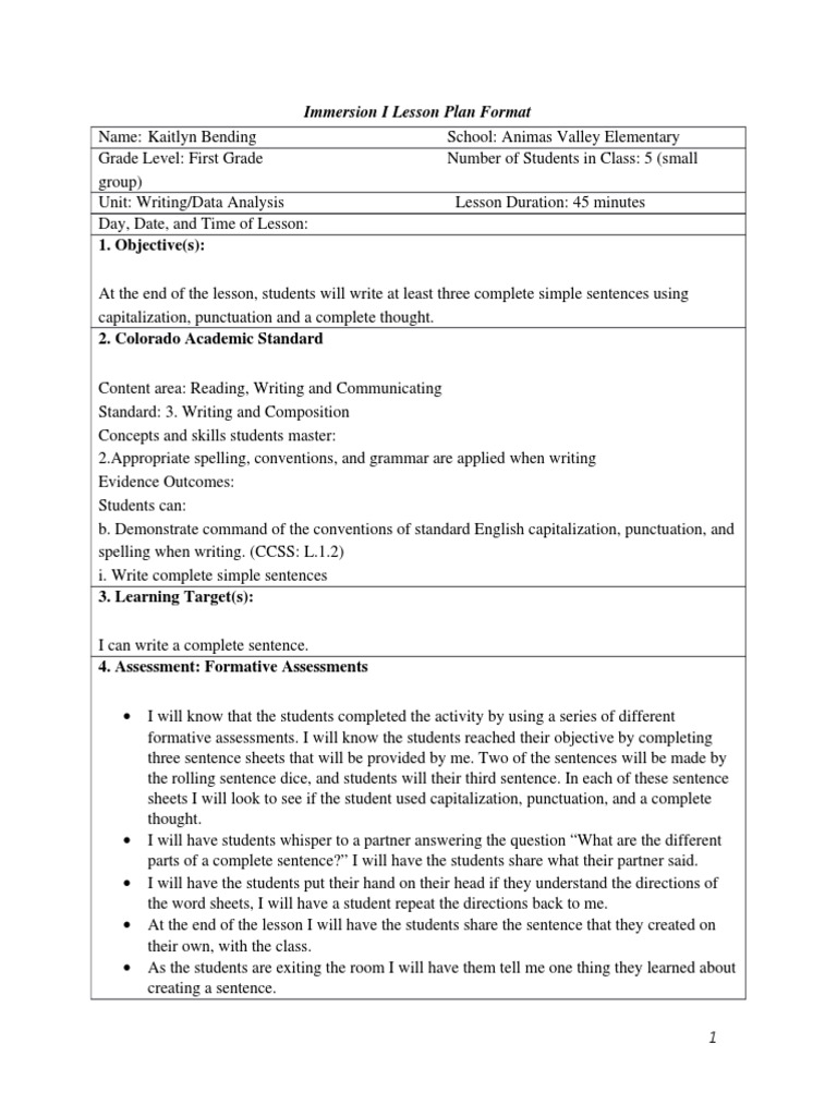 Complete Sentence Lesson Plan for 1st Grade | PDF | Educational ...