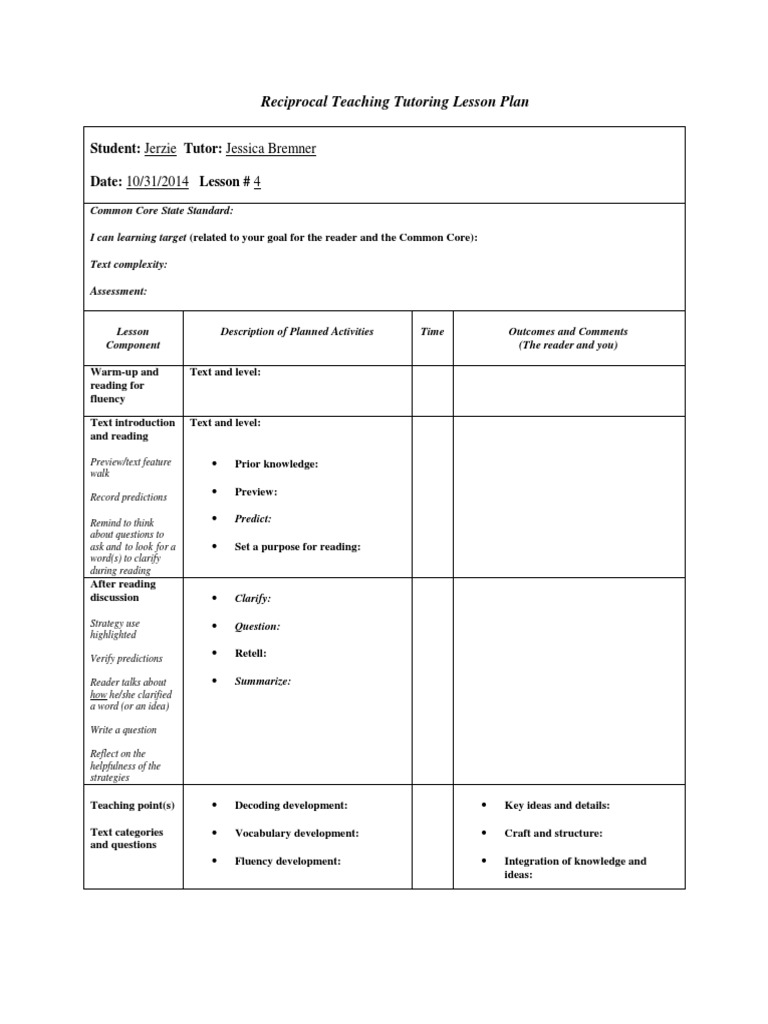 Reciprocal Teaching Lesson Plan | PDF | Career & Growth | Language Arts ...