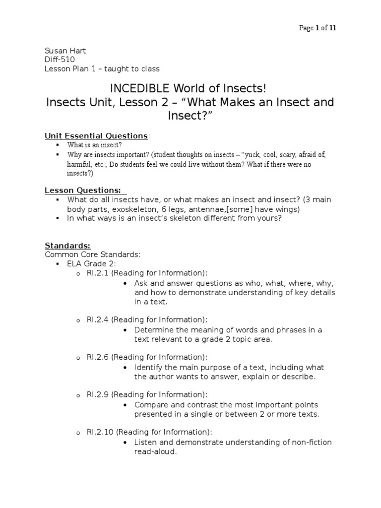 Lesson Plan 1 Insects Taught | PDF | Reading Comprehension | Learning