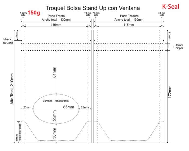 TROQUEL de 150 G Bolsa Stand Up Con Ventana Ovalada | PDF | Negocios