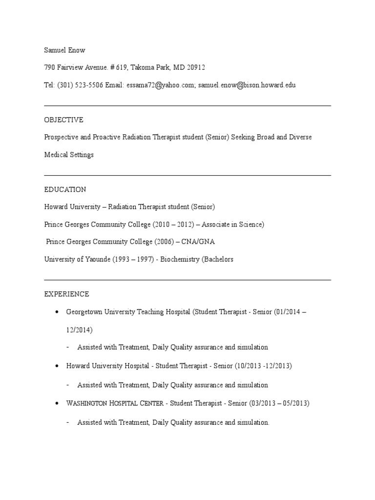 Samuel Enow: Radiation Therapist Resume | PDF | Self-Improvement