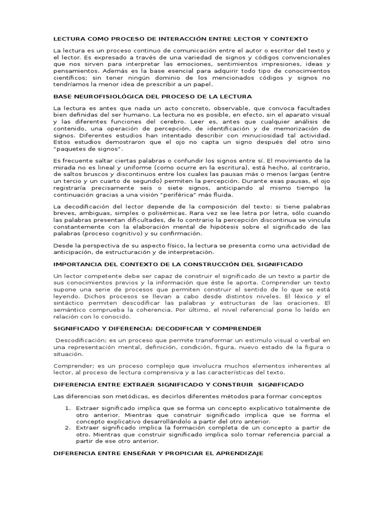 Lectura Como Proceso de Interacción Entre Lector y Contexto | PDF ...