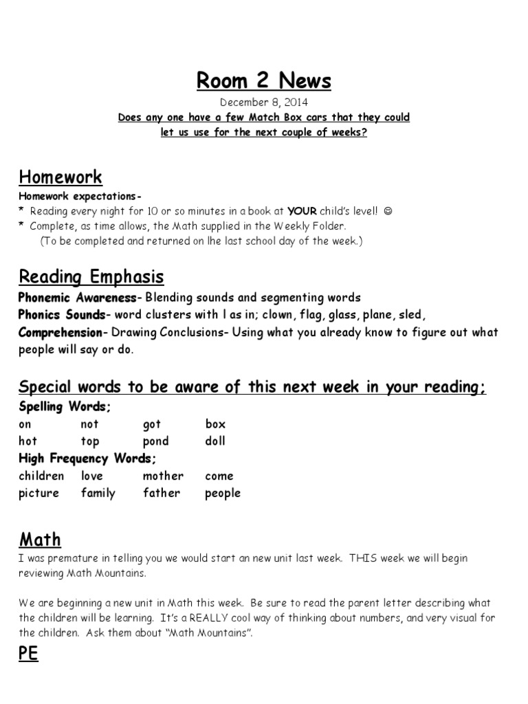 1st Grade Weekly Update: Dec 8, 2014 | PDF