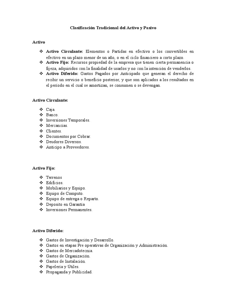 Clasificación Tradicional Del Activo y Pasivo | PDF | Bancos | Impuestos