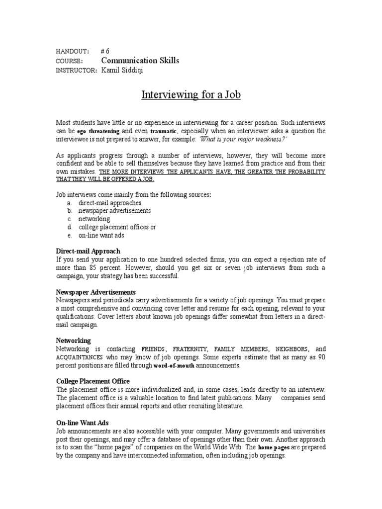 Handout #6 Interviewing for a Job | Interview | Job Interview