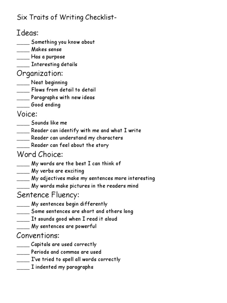 Ideas:: Six Traits of Writing Checklist | PDF
