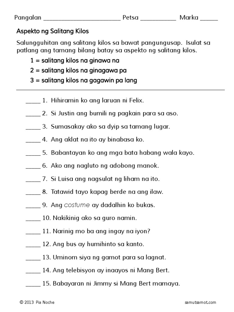 Aspekto NG Salitang Kilos o Pandiwa 10 | PDF
