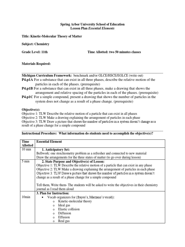 Kinetic-Molecular Theory Lesson Plan | PDF | Gases | Matter