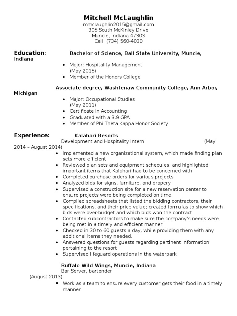 Mitchell Mclaughlin Resume | PDF | Restaurants | Business