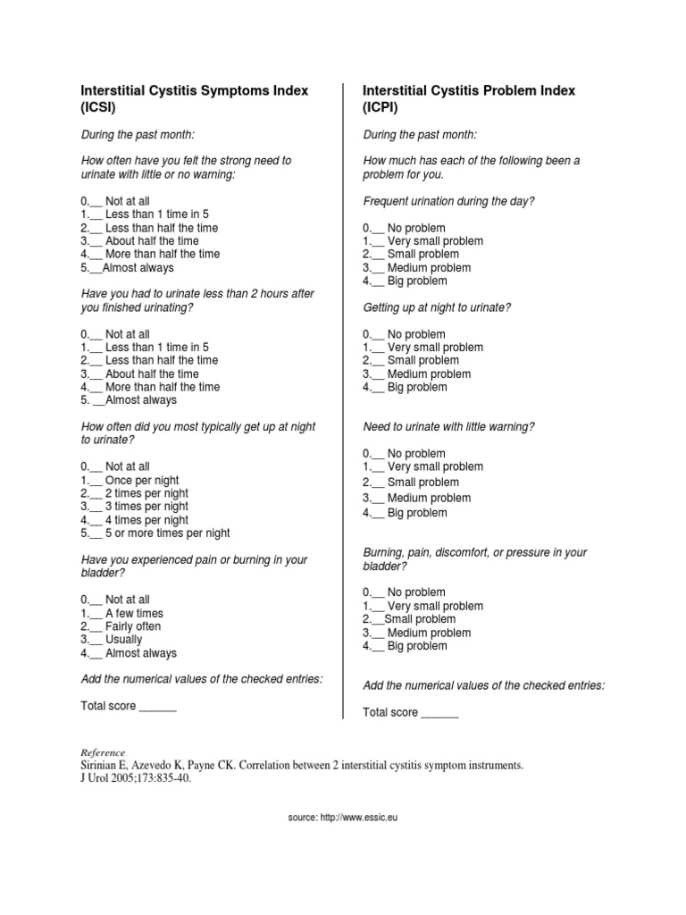 Interstitial Cystitis Symptoms Index (ICSI) Interstitial Cystitis ...