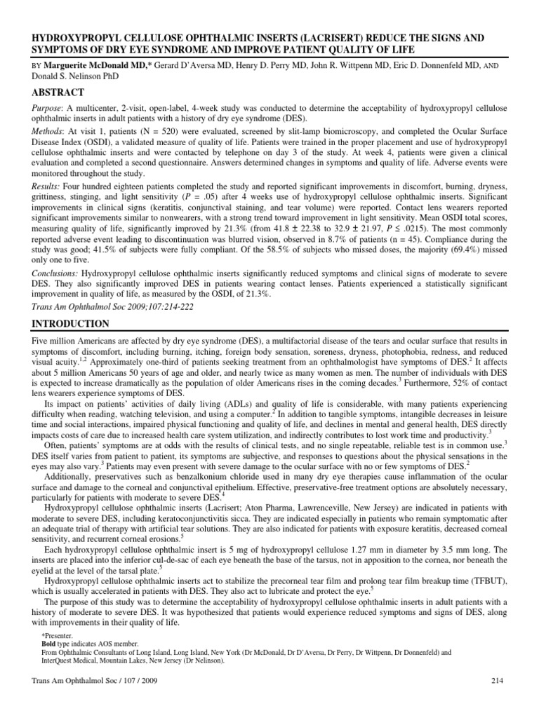 Hydroxypropyl Cellulose Ophthalmic Inserts (Lacrisert) Reduce The Signs ...
