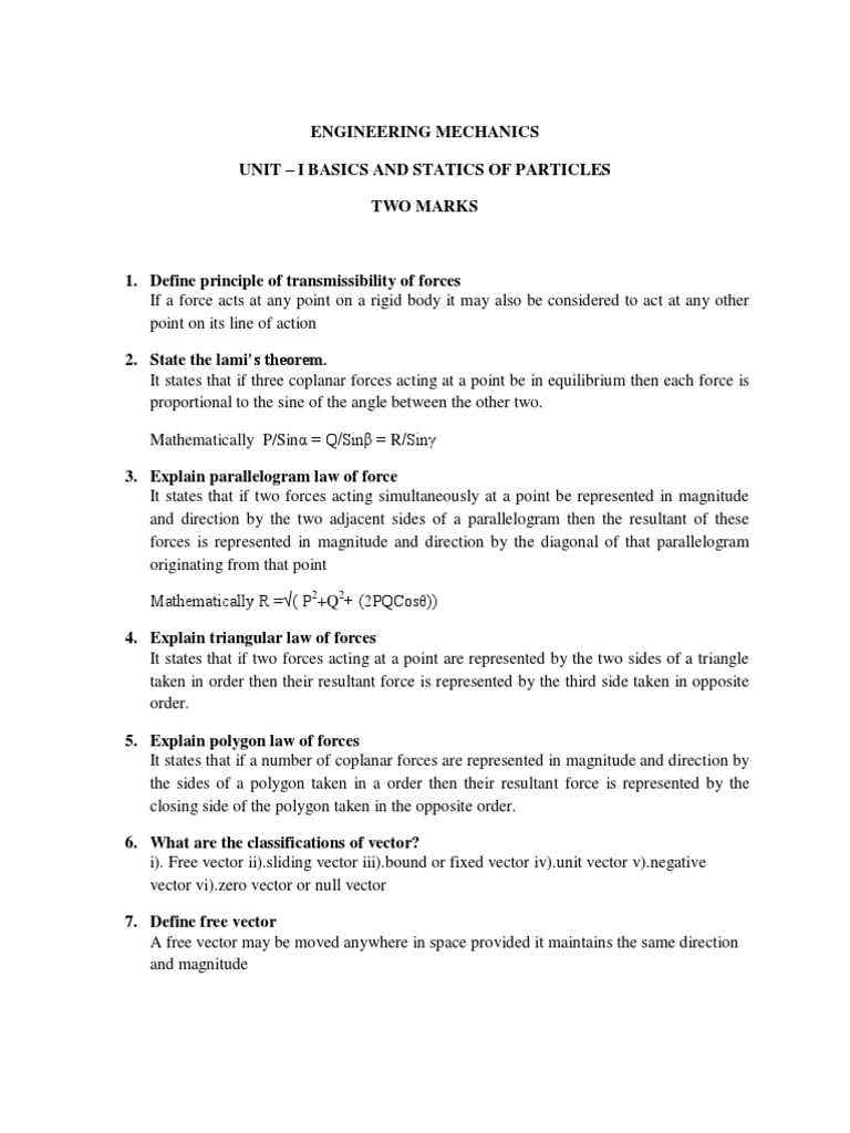 Engineering Mechanics (GE6253) Two Marks ALL UNITS PDF | PDF | Friction | Momentum