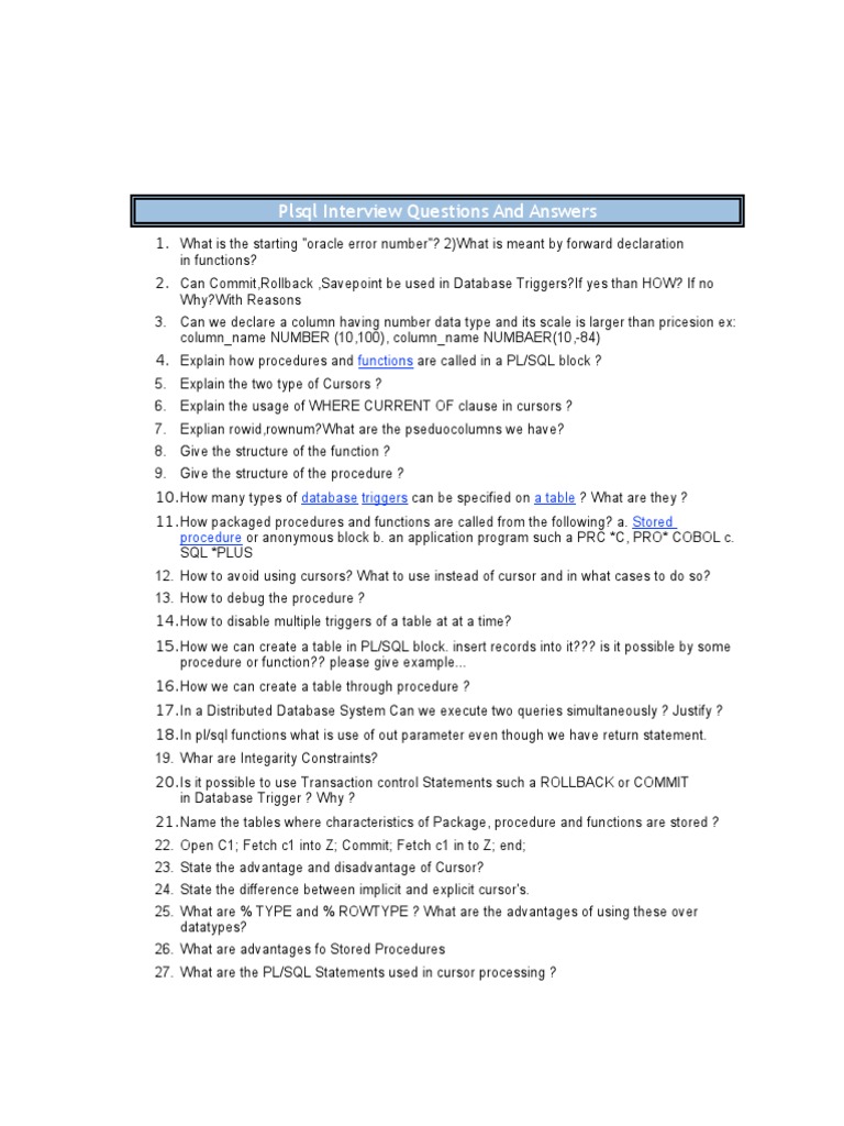 Plsql Interview Questions And Answers Functions Pdf Plsql Database Index