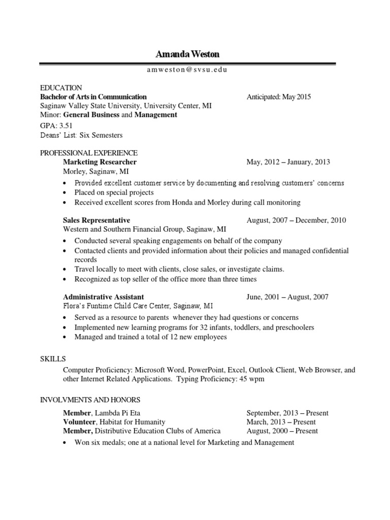 Amanda Weston's SVSU Resume Template | PDF
