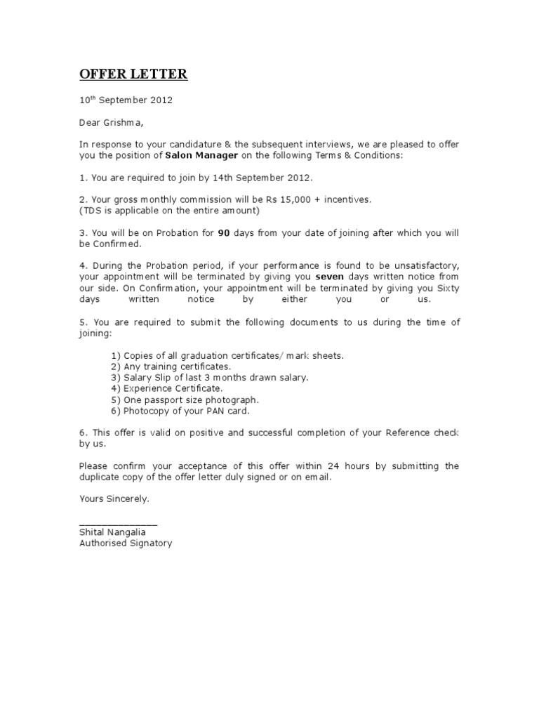 Salon Manager Offer Letter Sample | PDF