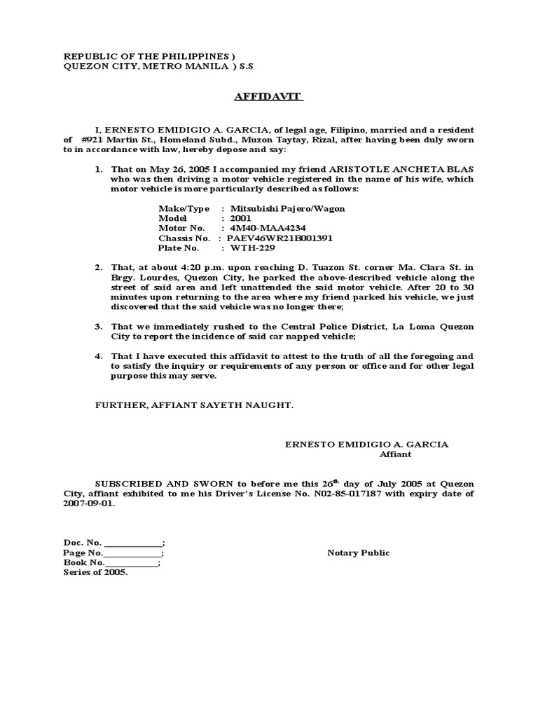 Legal Affidavits for Incidents | PDF | Affidavit | Automobiles