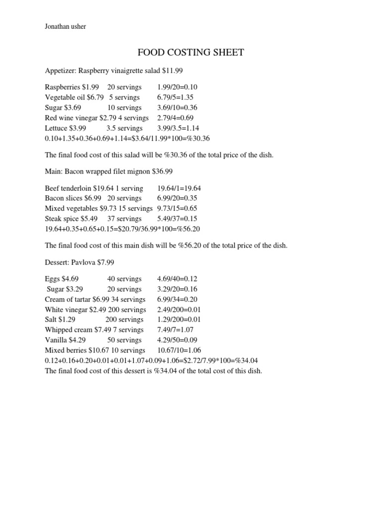 Food Costing Sheet | PDF | Salad | Food And Drink