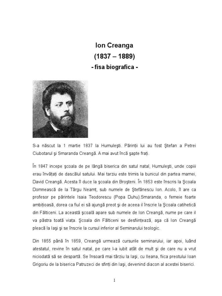 Ion Creanga - Fisa Biografica | PDF