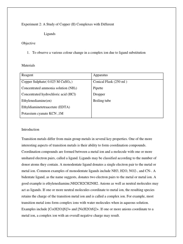 The Effect of Ligand Substitution on the Color of Copper (II) Complex ...