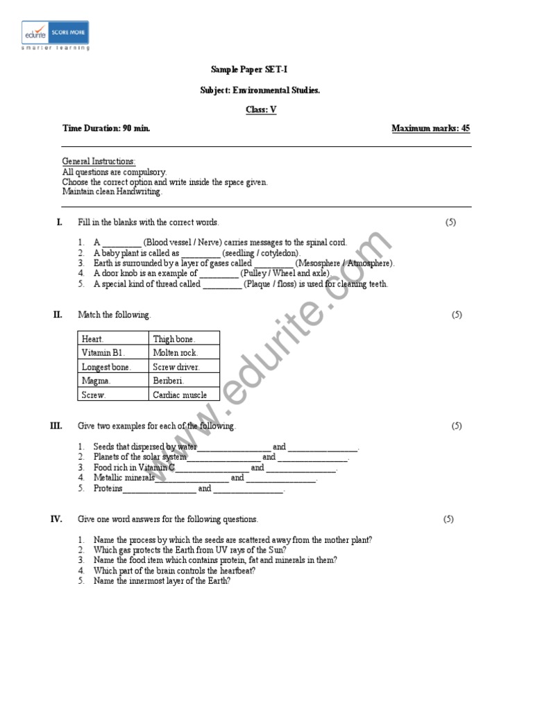 Class 4 ICSE EVS Sample Paper Set 1 | PDF
