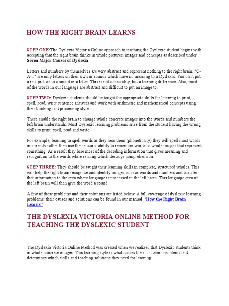 How The Right Brain Learns | PDF | Dyslexia | Learning Disability