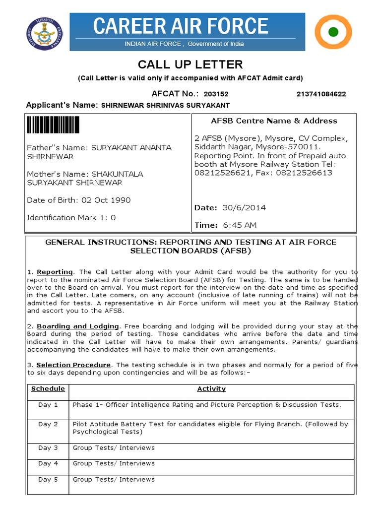 Airforce Call Letter Career Air Force-India (Candidate Section) | PDF ...