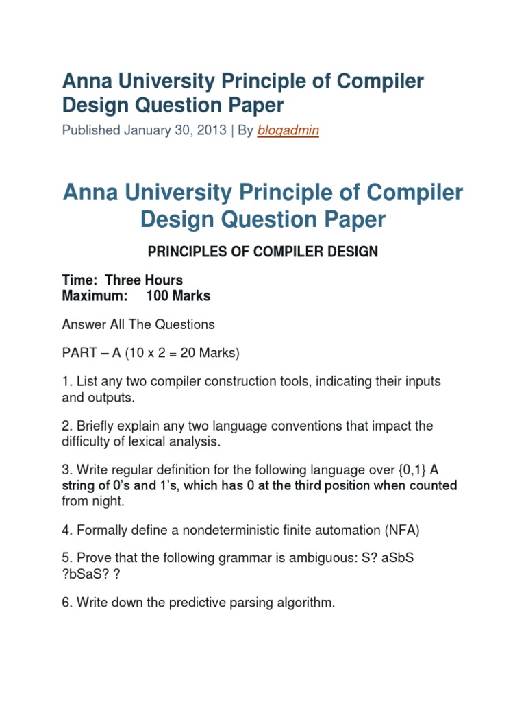 Anna University Principle of Compiler Design Question Paper | PDF | Compiler | Parsing