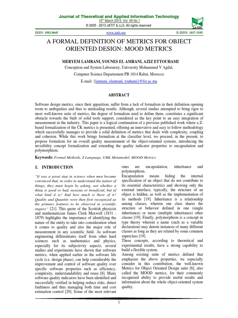 MOOD Metric | PDF | Unified Modeling Language | Object (Computer Science)