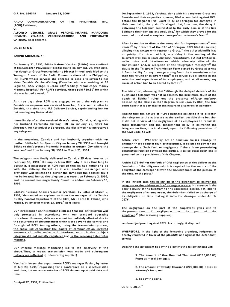 RCPI Liability in Telegram Delay Case | PDF | Negligence | Damages