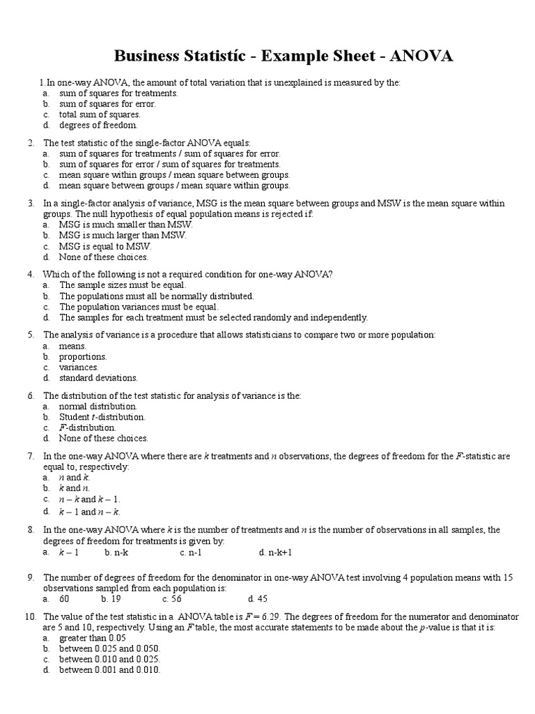 Example Sheet 4 ANOVA | PDF | F Test | Analysis Of Variance