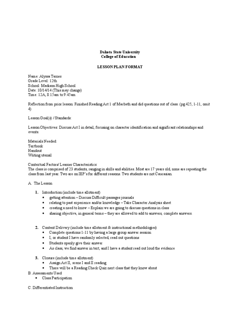 12th Grade Macbeth Lesson Plan | PDF | Career & Growth